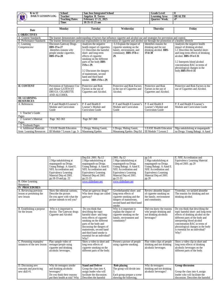Health Lesson on Cigarettes & Alcohol | PDF | Substance Abuse