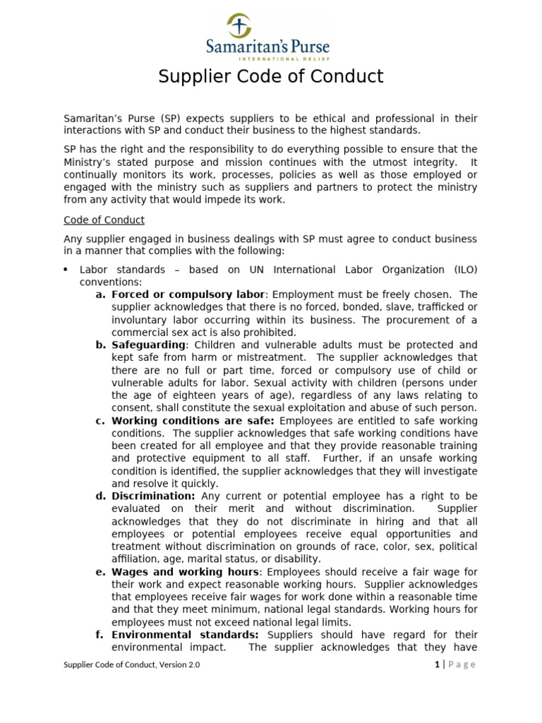 Samaritan's Purse Supplier Conduct Code | PDF | Justice | Crime & Violence