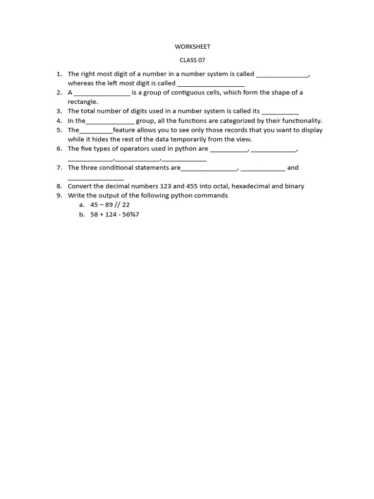 Grade 7 Computer Science Worksheet | PDF