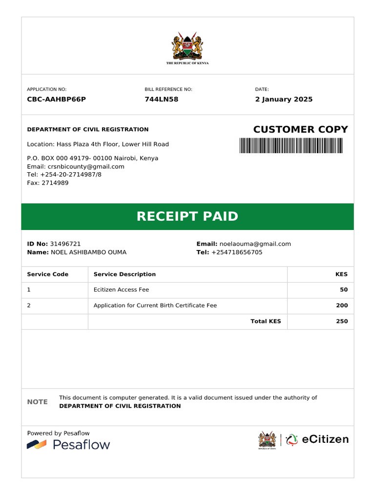 Cbc-Aahbp66p-Civil Registration Receipt 2 | PDF