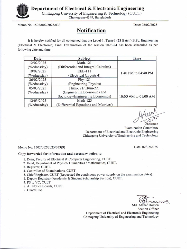 (EEE Dept.) Level-1, Term-1 (23 Batch) Final Examination Routine | PDF