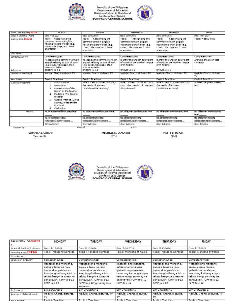 q2 DLL 1 WEEK 1 english | PDF | Learning | Education Theory