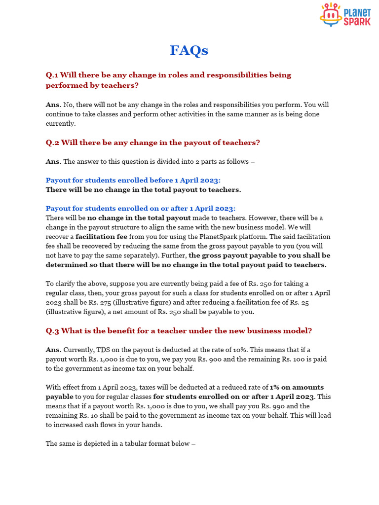 PlanetSpark Teacher Communication FAQs | PDF | Taxes | Income Tax