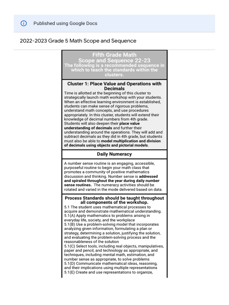 Fifth Grade Math Scope and Sequence 22-23 | PDF | Mathematics | Numbers