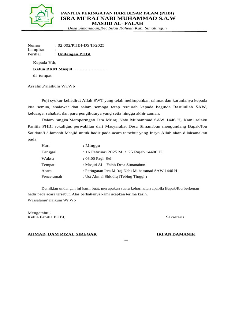 Contoh Surat Undangan Isra Miraj | PDF