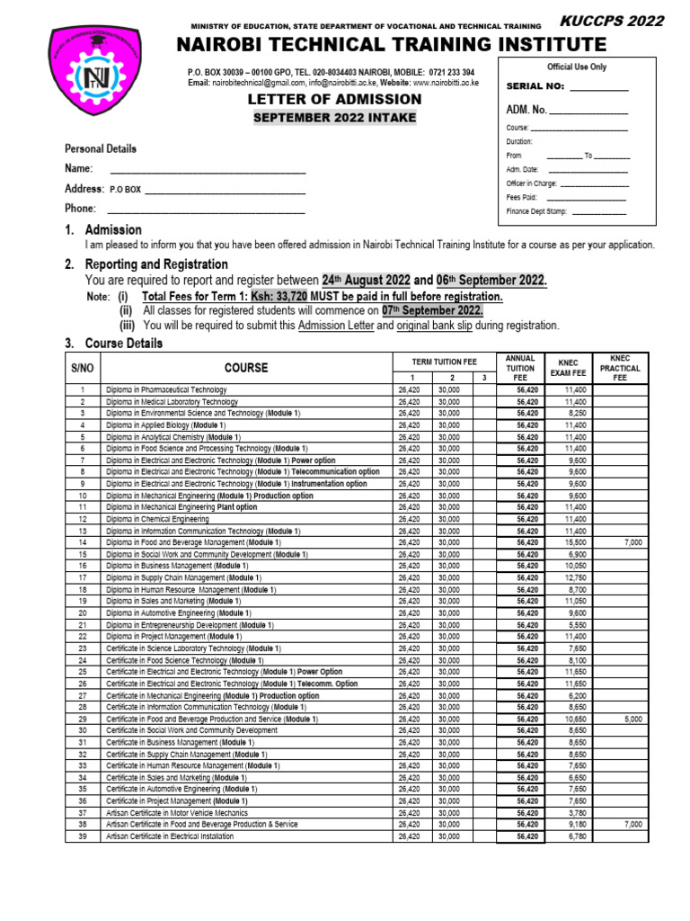 1 NTTI ADMISSION LETTER SEPT 2022 INTAKE | PDF | Cheque | Banks