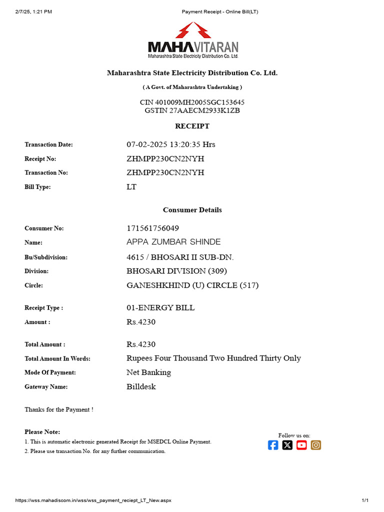 Appa Shinde Light Bill | PDF