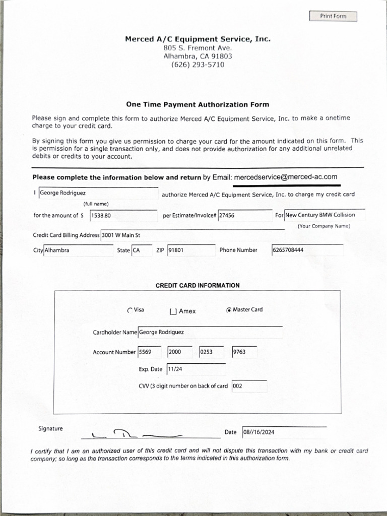 Merced Credit Card Authorization Form | PDF