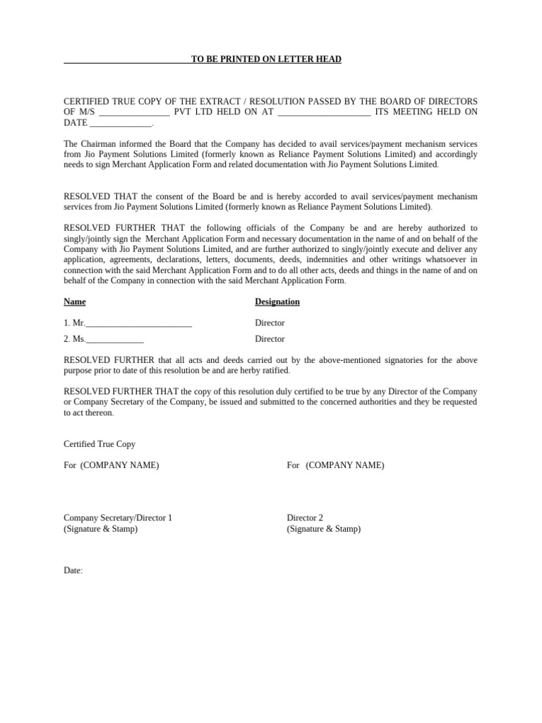 Board Resolution for Payment Services | PDF