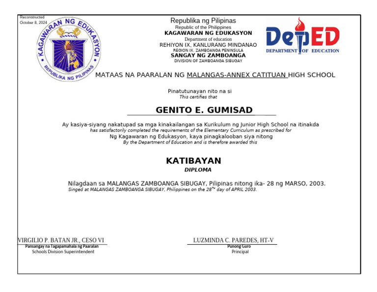 Junior High Diploma Certificate | PDF