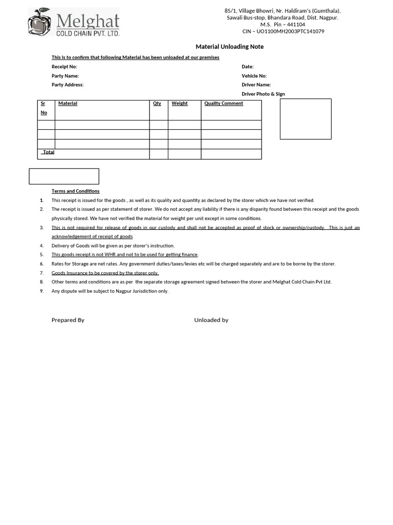 Material Receipt Note Template | PDF