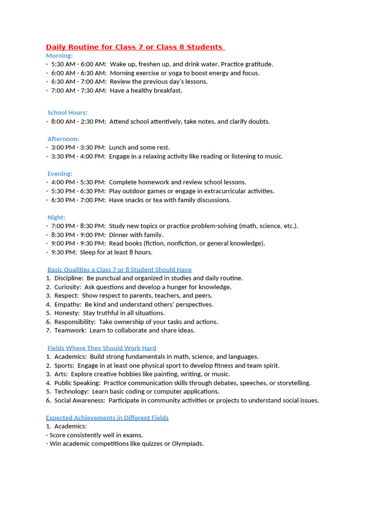 Daily Routine For Class 7 or Class 8 Students | PDF | Homework | Leadership