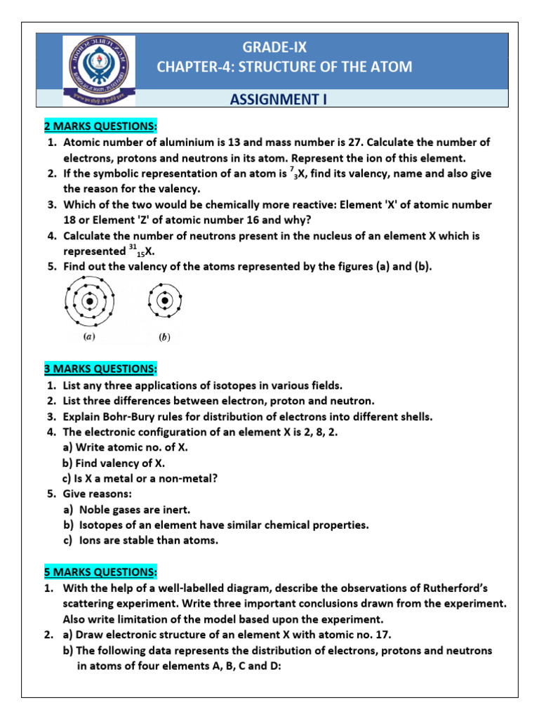 Class Ix CH-4 Assignment I | PDF | Atoms | Chemical Elements