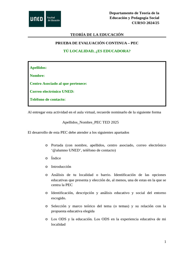Plantilla PEC - Teoria - de - La - Educacion - 2024-2025 | PDF