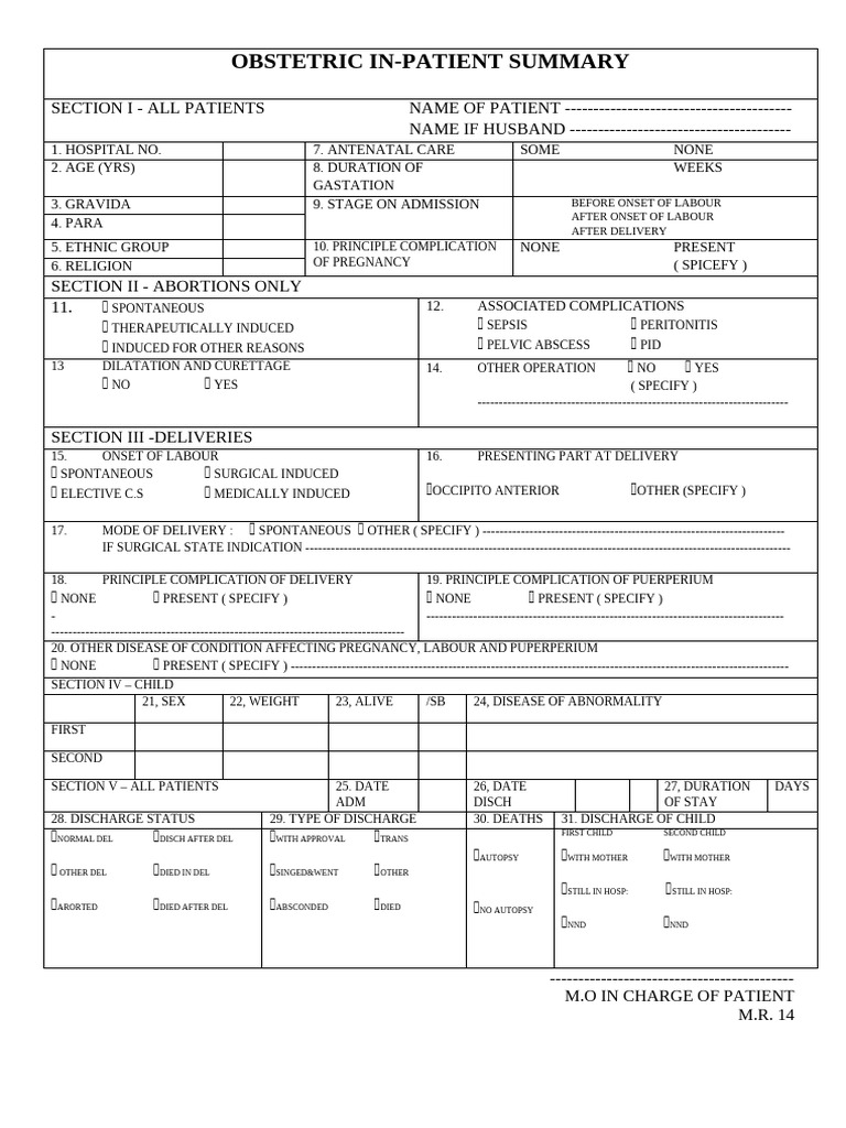 Obstetric In-Patient Summary Form | PDF | Childbirth | Pregnancy