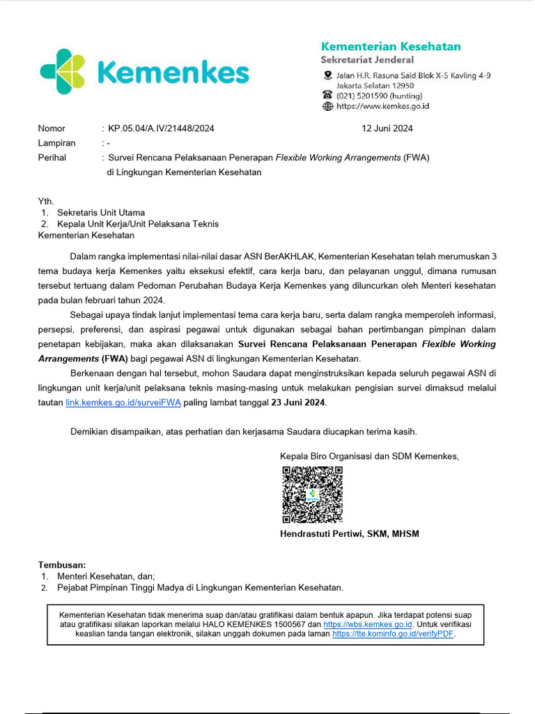 Surat Pemberitahuan Survei Rencana Pelaksanaan Penerapan FWA Di Lingk Kemenkes | PDF
