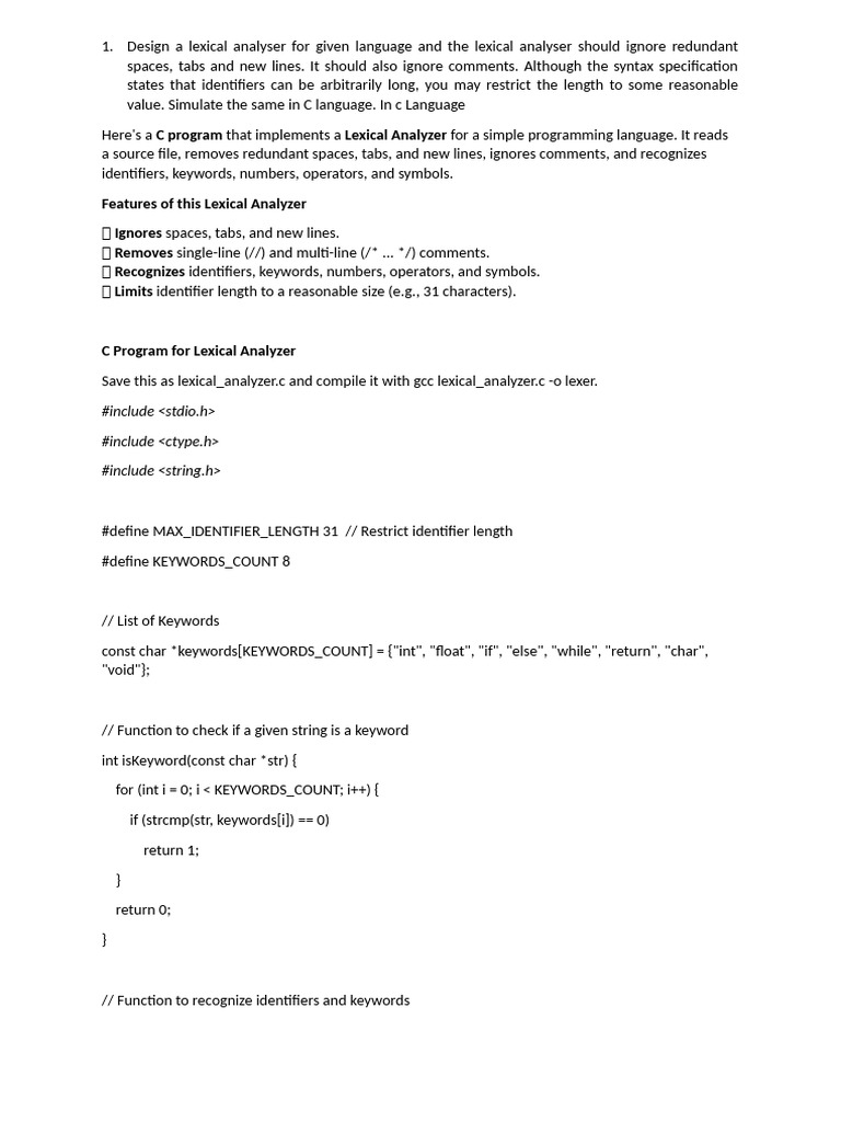 Design A Lexical Analyser For Given Language and The Lexical Analyser Should Ignore Redundant ...