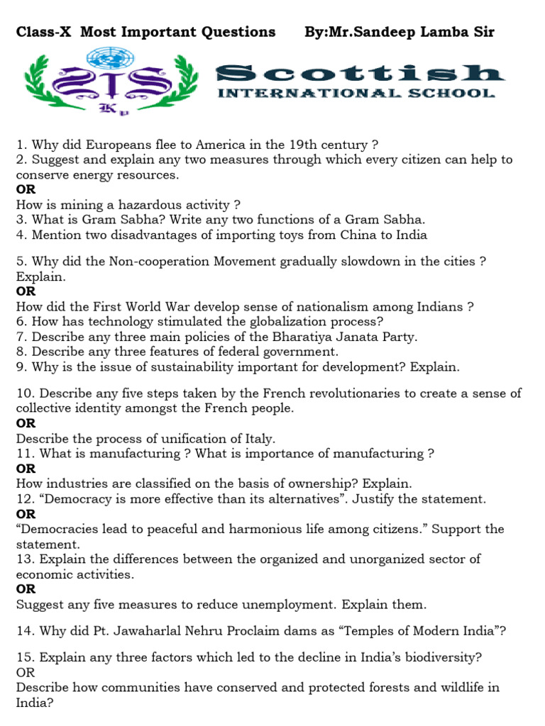 Important Question For Class-10 | PDF | Globalization | Economics