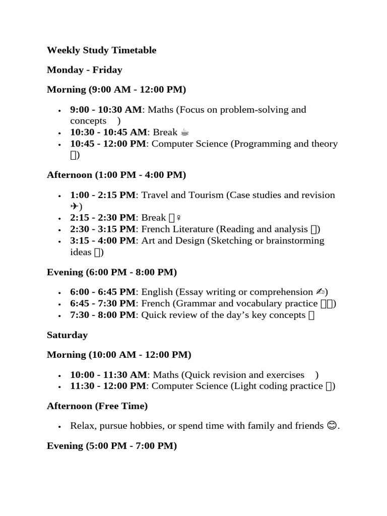 Weekly Study Timetable - Holidays | PDF