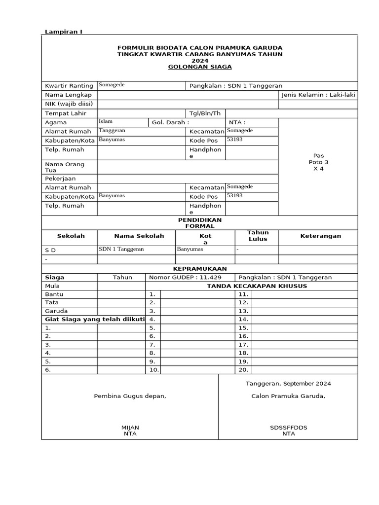 Formulir Biodata Pramuka Garuda 2024 | PDF