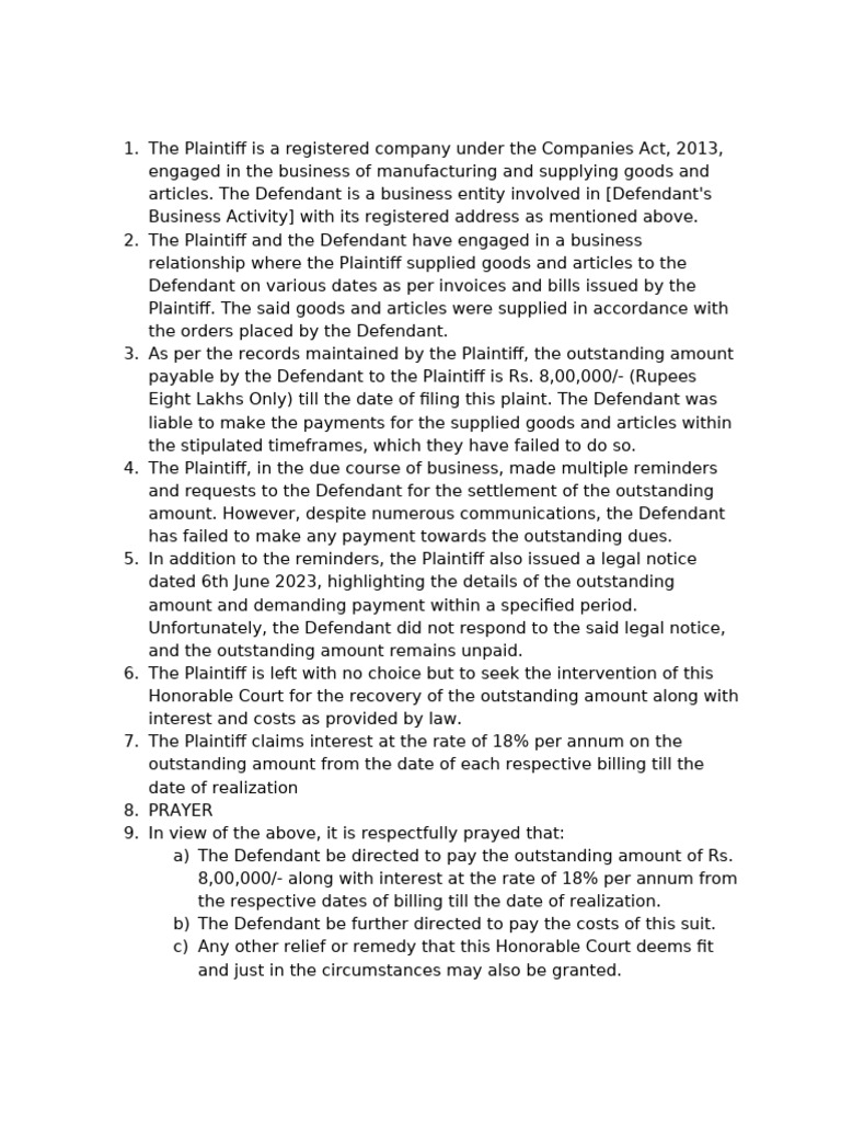 Recovery Suit for Outstanding Payment | PDF | Lawsuit | Common Law