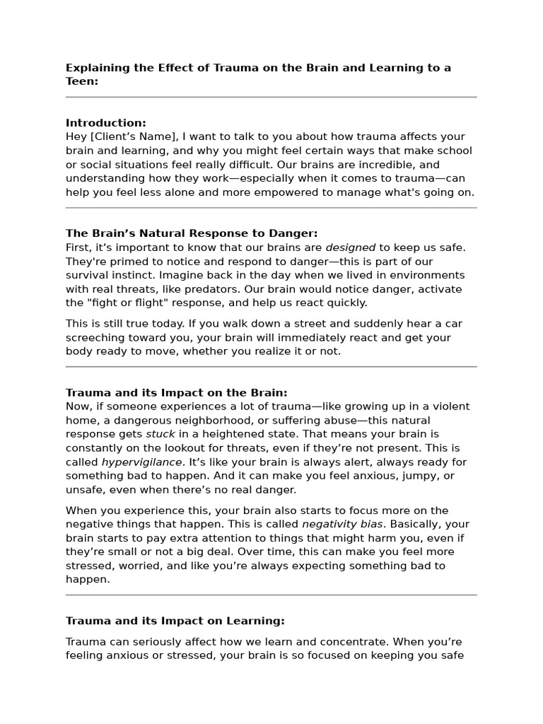 Explaining the Effect of Trauma on the Brain and Learning to a Teen ...