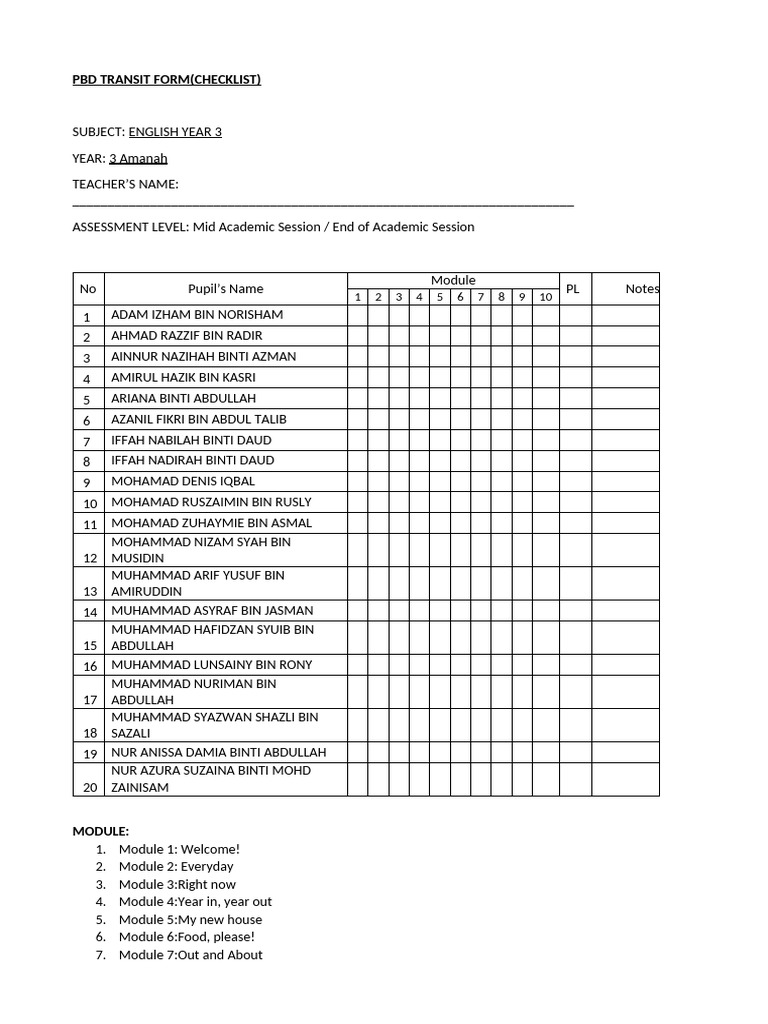 8. PBD TRANSIT FORM - ENG YEAR 3 (Checklist) | PDF