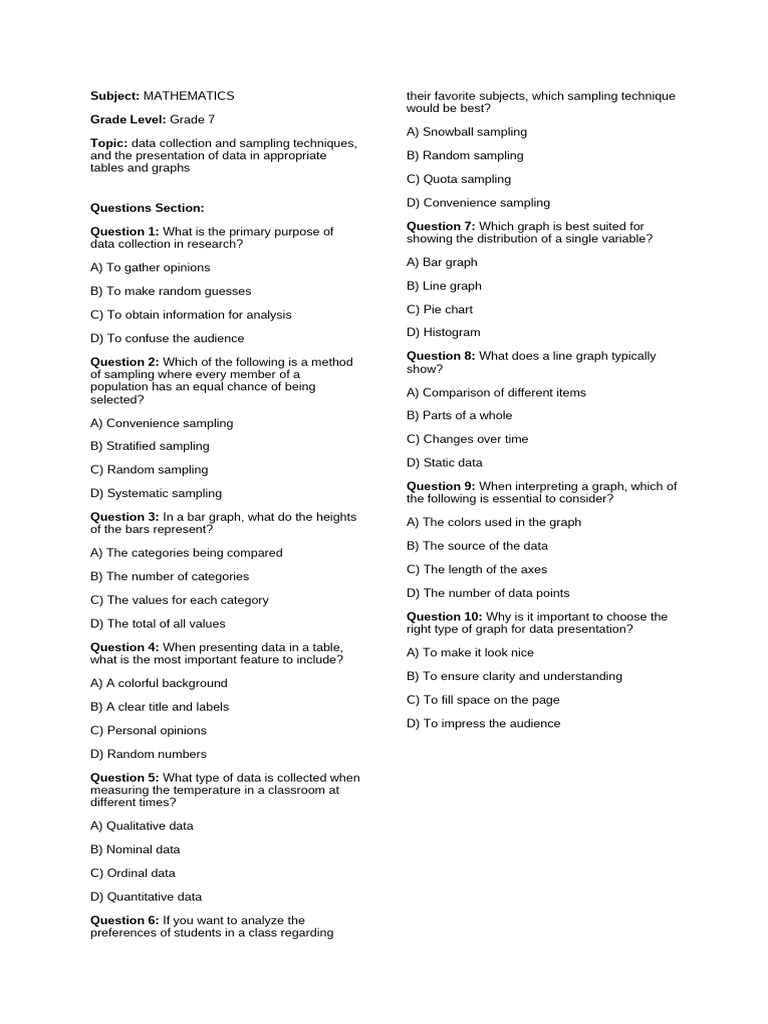 Quiz Data Collection And Sampling Techniques And The Presentation Of Data In Appropriate