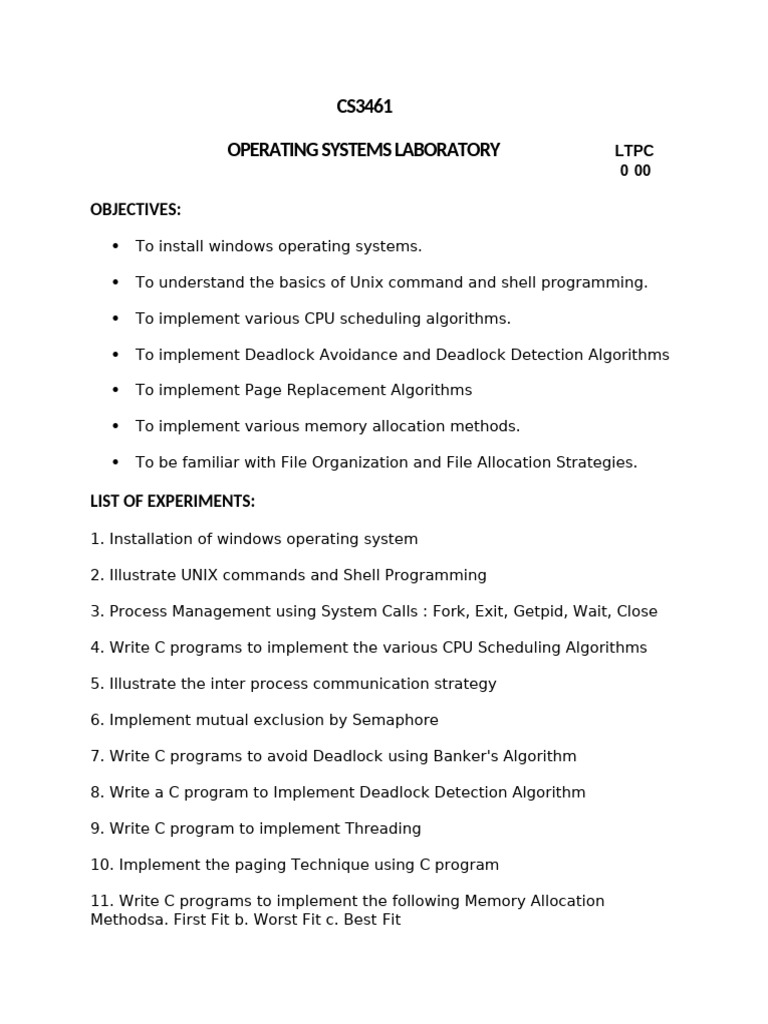 OS Laboratory Manual for CS3461 | PDF