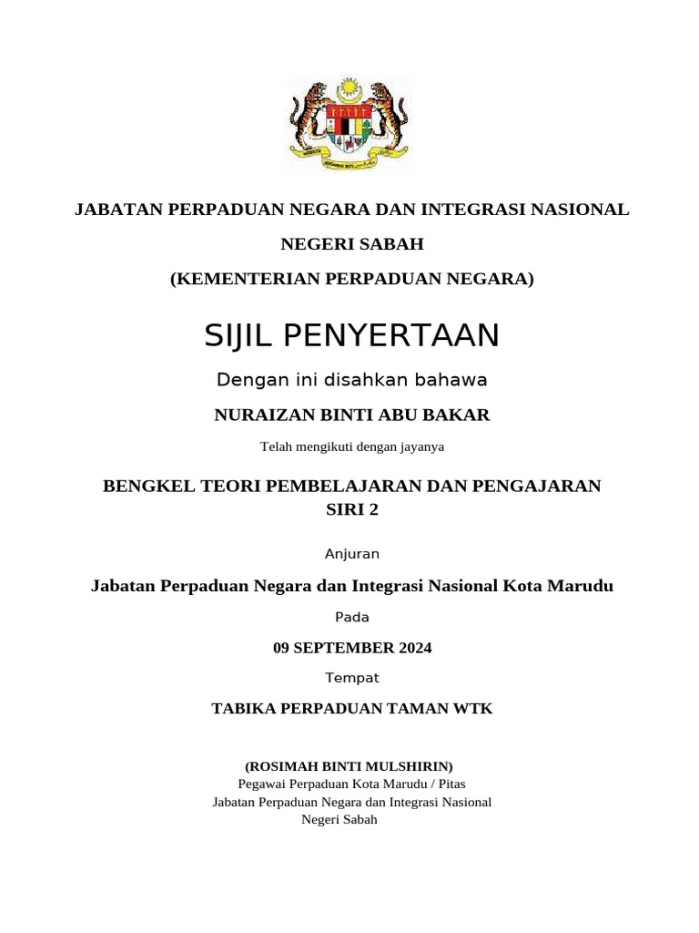 FORMAT SIJIL 2 | PDF