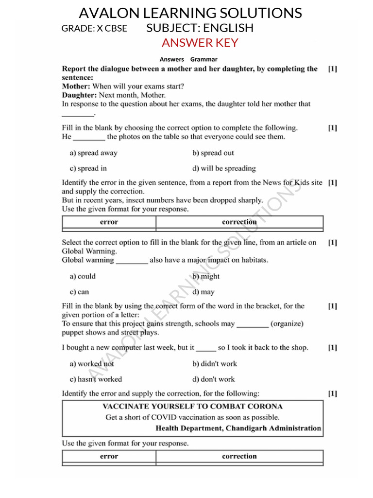 Grade X CBSE English Answer Key | PDF