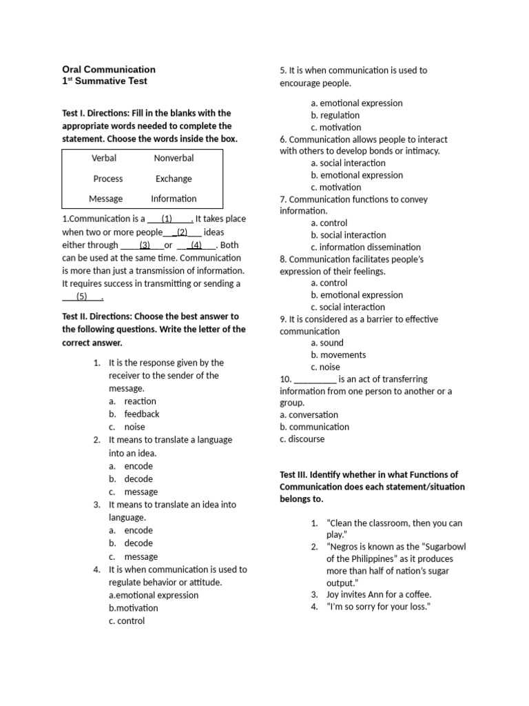 Oral Communication 1st Summative Test | PDF | Communication | Learning