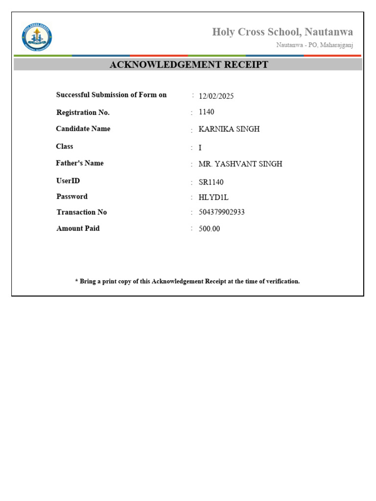Admission Receipt for Parents | PDF