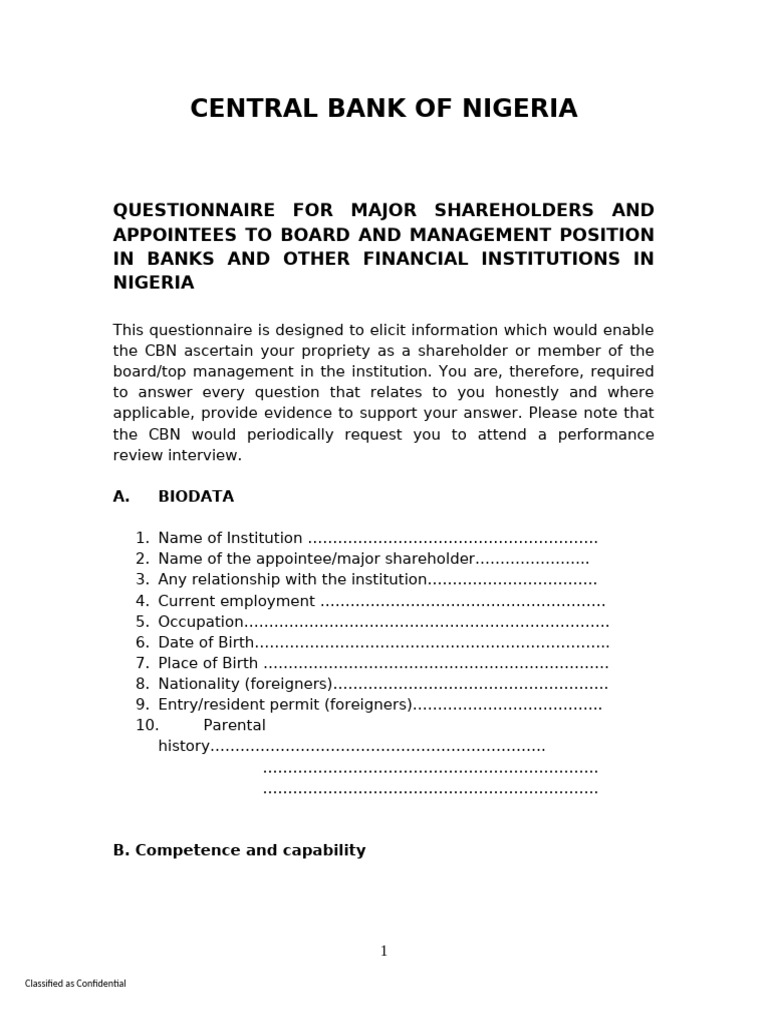 CBN Questionnaire for Bank Appointees | PDF | Government | Common Law