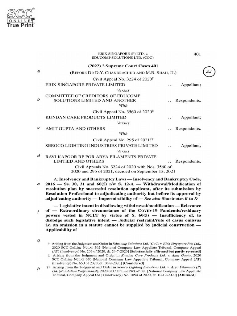 Ebix Singapore Pvt. Ltd. Vs CoC Educomp Solutions Ltd. & Anr. (2022) 2 SCC 401 | PDF | Supreme ...