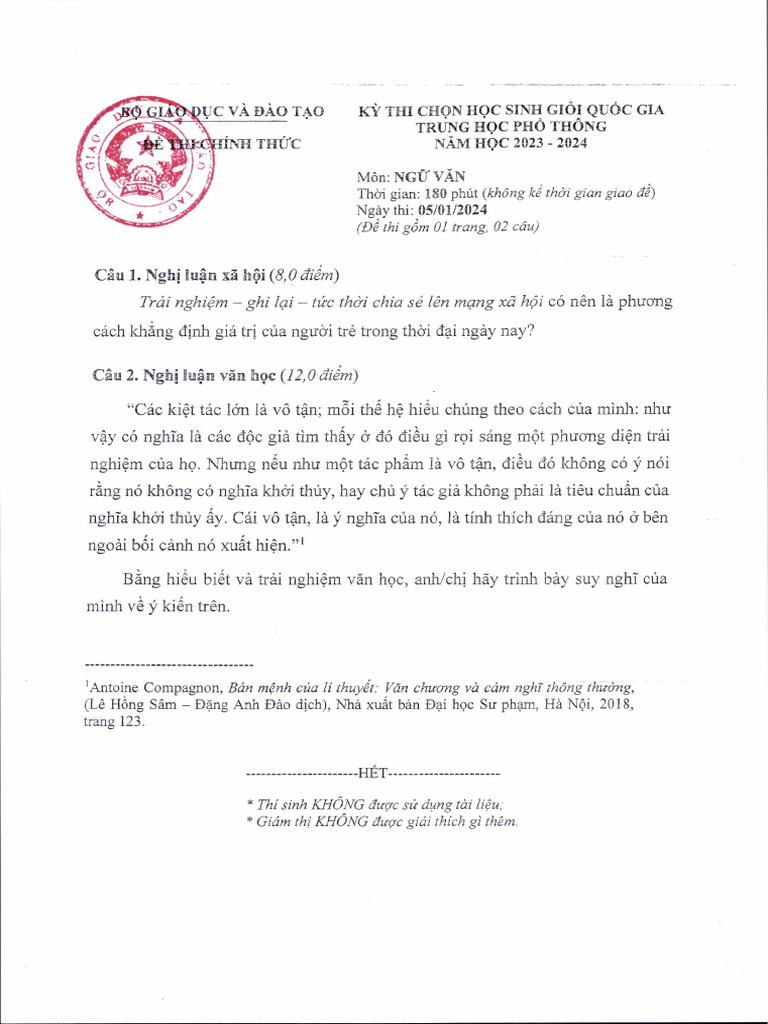 De Thi Chon Hoc Sinh Gioi Quoc Gia THPT Mon Ngu Van Nam 2023 2024 | PDF