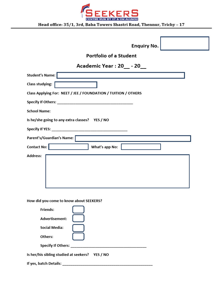 HCU Student Portfolio Form | PDF