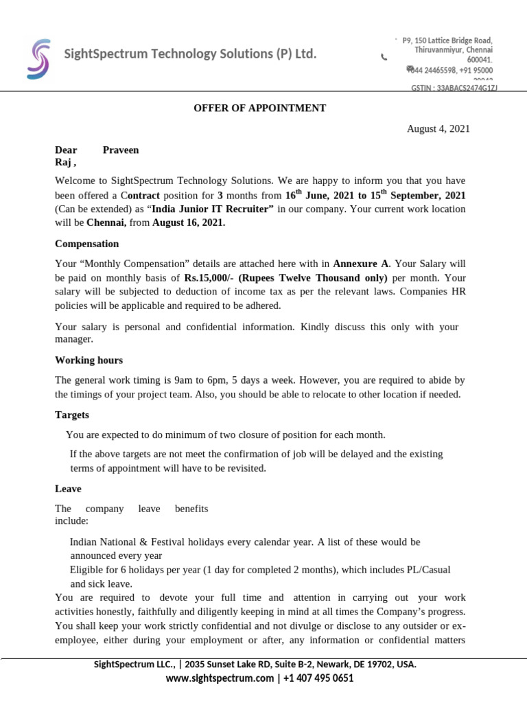 Sight Spectrum Offer Letter | PDF | Salary | Economies
