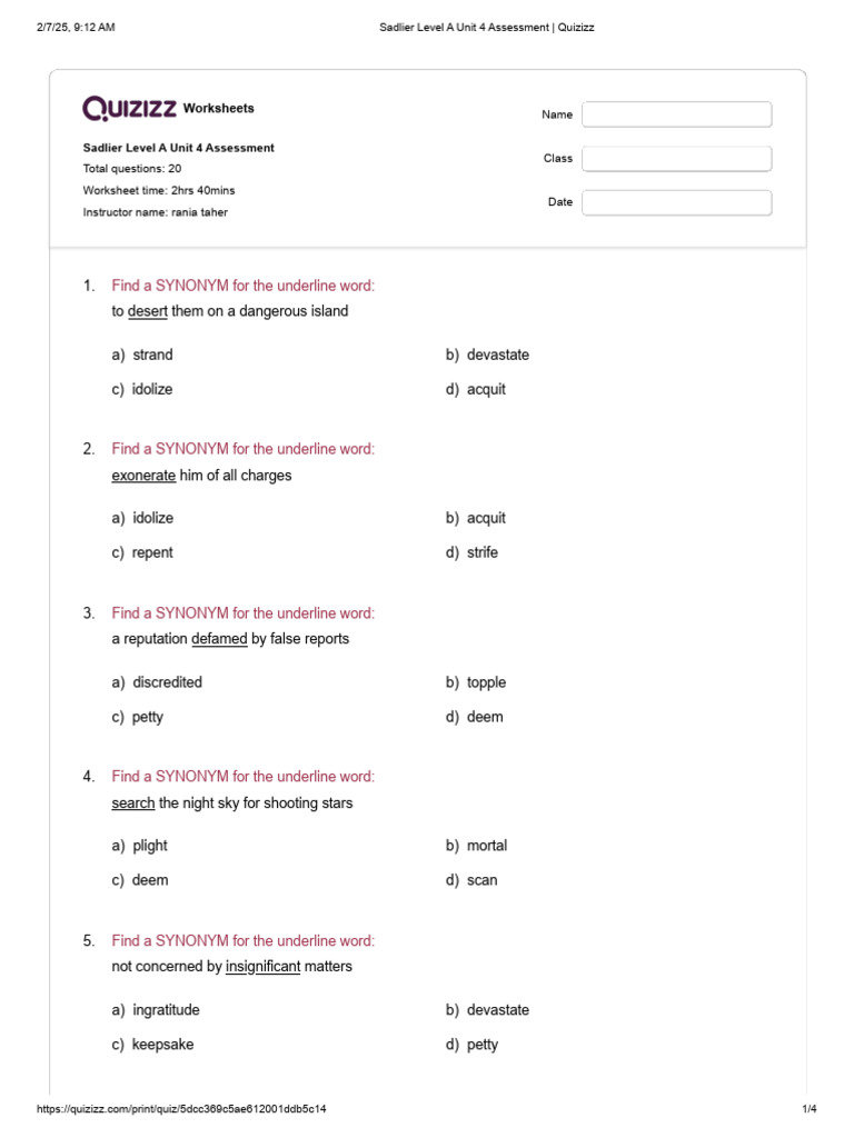 Sadlier Level A Unit 4 Assessment - Quizizz | PDF