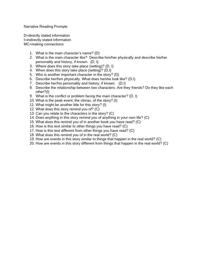 Narrative Reading Prompts | PDF