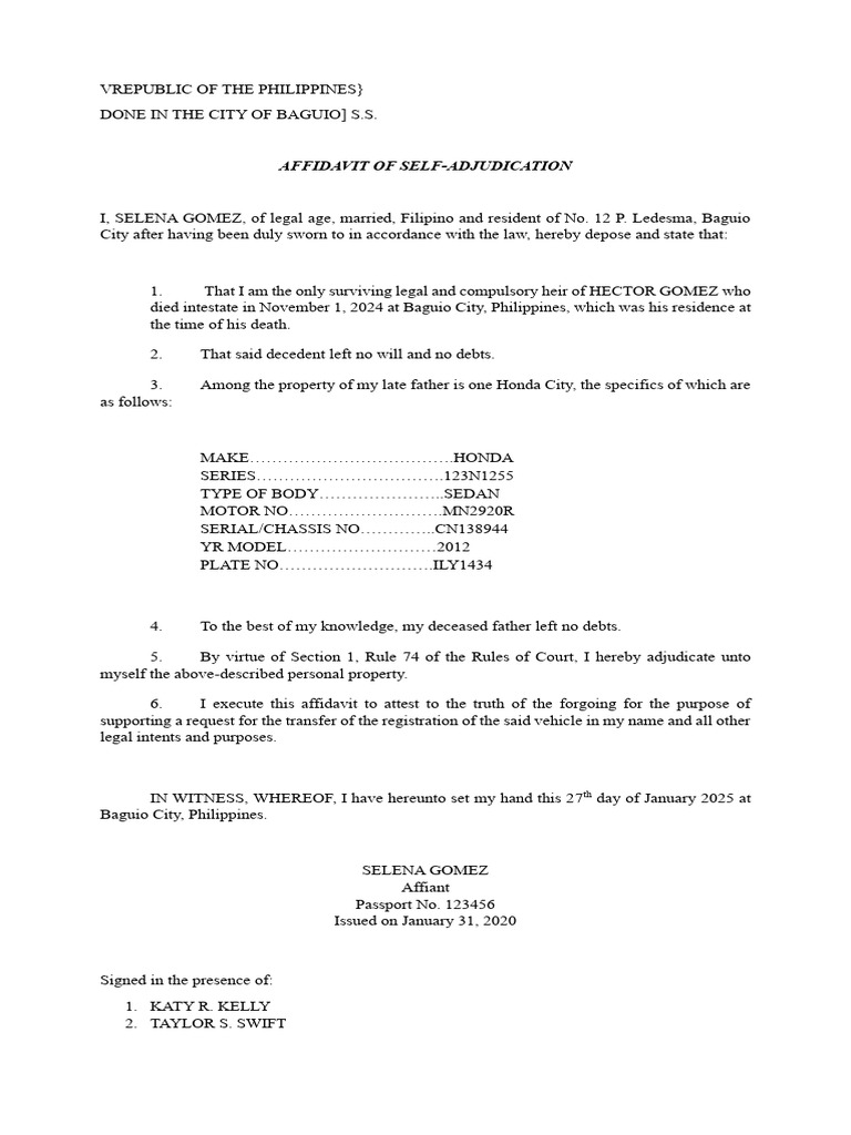 AFFIDAVIT-OF-SELF-ADJUDICATION-JOSUE-SORIANO | PDF | Affidavit | Evidence
