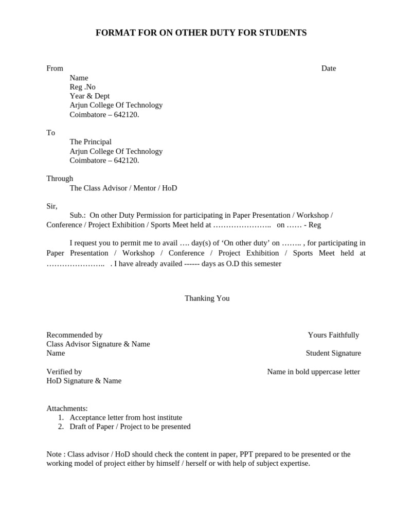 On Duty Letter Format for Students | PDF