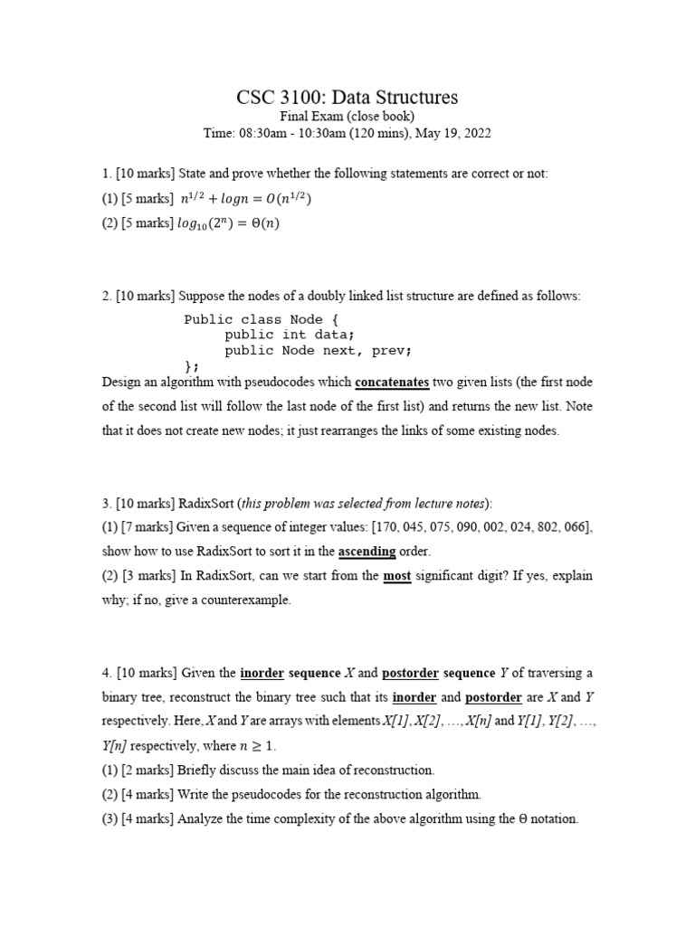 Final Exam Paper (CSC3100 Data Structures) | PDF | Algorithms And Data Structures | Computer ...