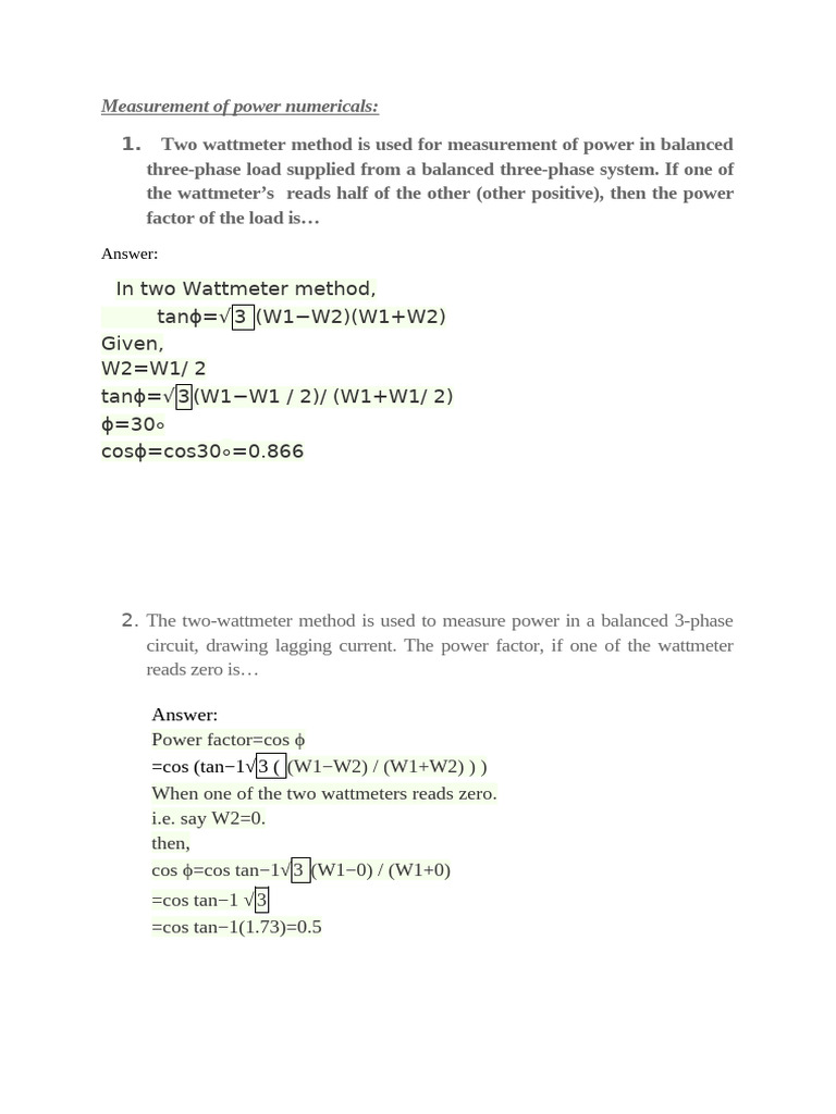 Two Wattmeter Method Numericals | PDF