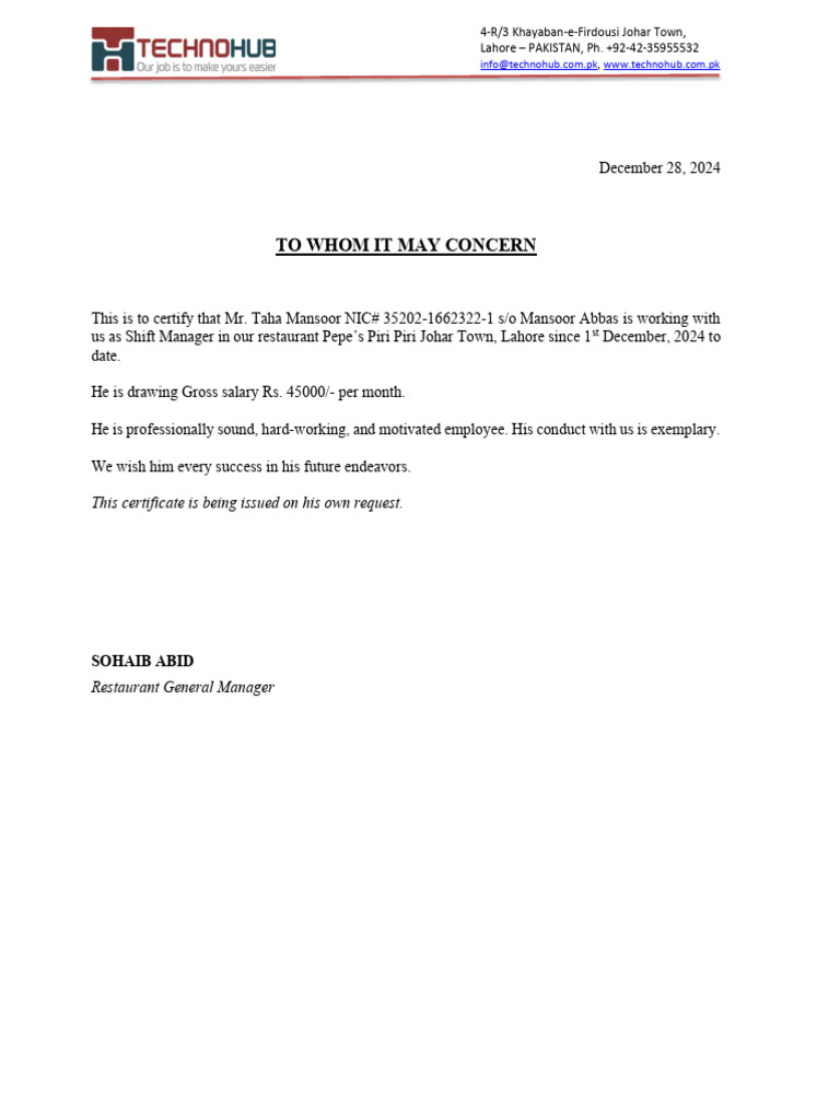 Taha Letter For Bank | PDF