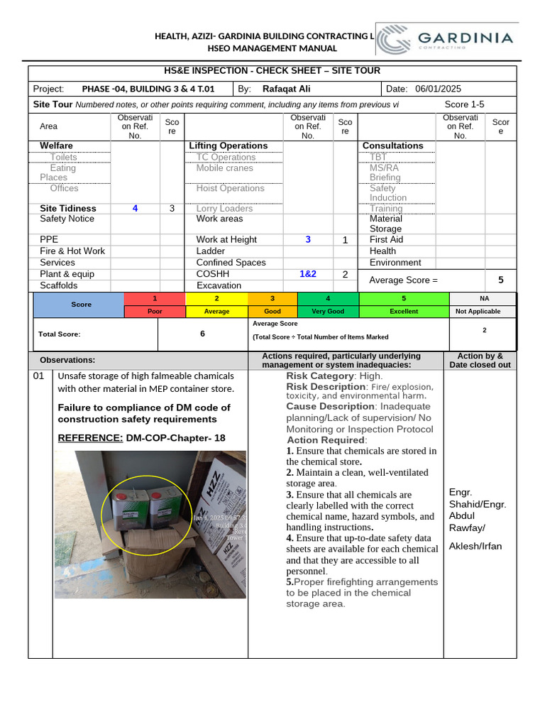 HSEO Management Manual: Site Tour Inspection | PDF | Fire Safety ...