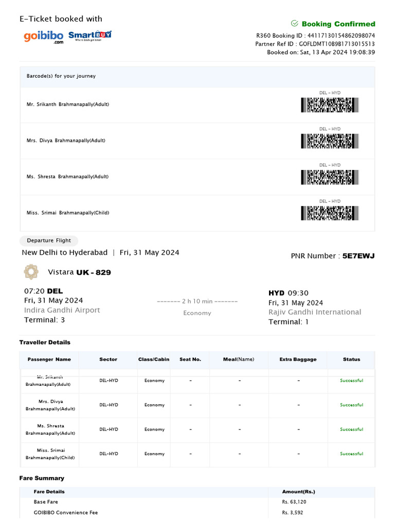 E-Ticket Booked With: 5E7EWJ UK - 829 DEL HYD | PDF | Identity Document ...
