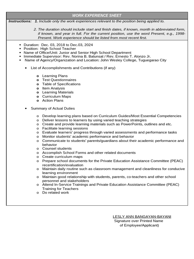 CS Form No. 212 Attachment - Work Experience Sheet | PDF | Learning | Teachers