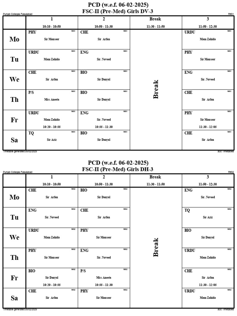 Classes Timetable (W.e.f 06-02-25) | PDF
