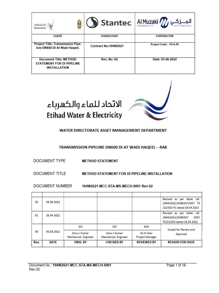 DI Pipeline Installation Method Statement | PDF | Pipe (Fluid ...